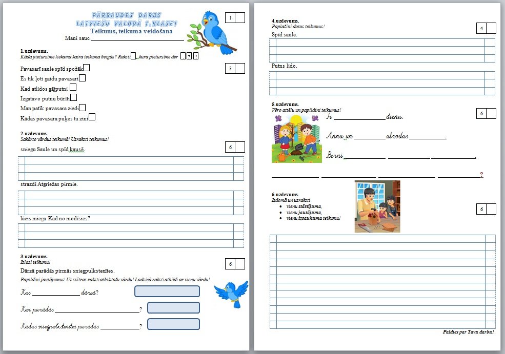 PD 1.klasei "Teikums,tā veidošana"+ PDF, tiešsaistes stundai - Mācību ...