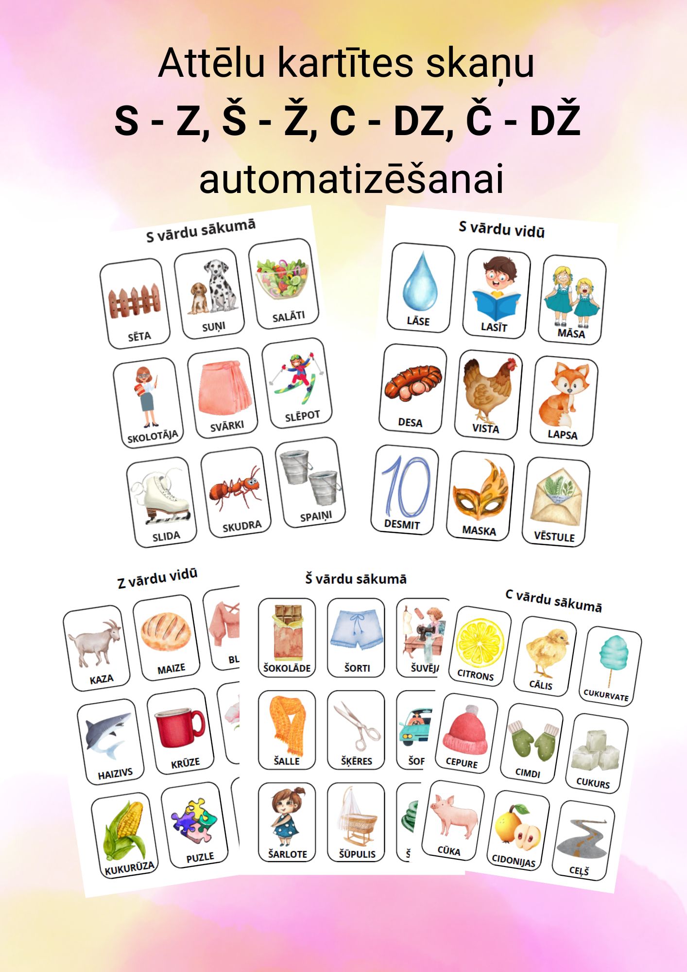 Attēlu kartītes skaņu S-Z, Š-Ž, C-DZ, Č-DŽ automatizēšanai - Mācību ...