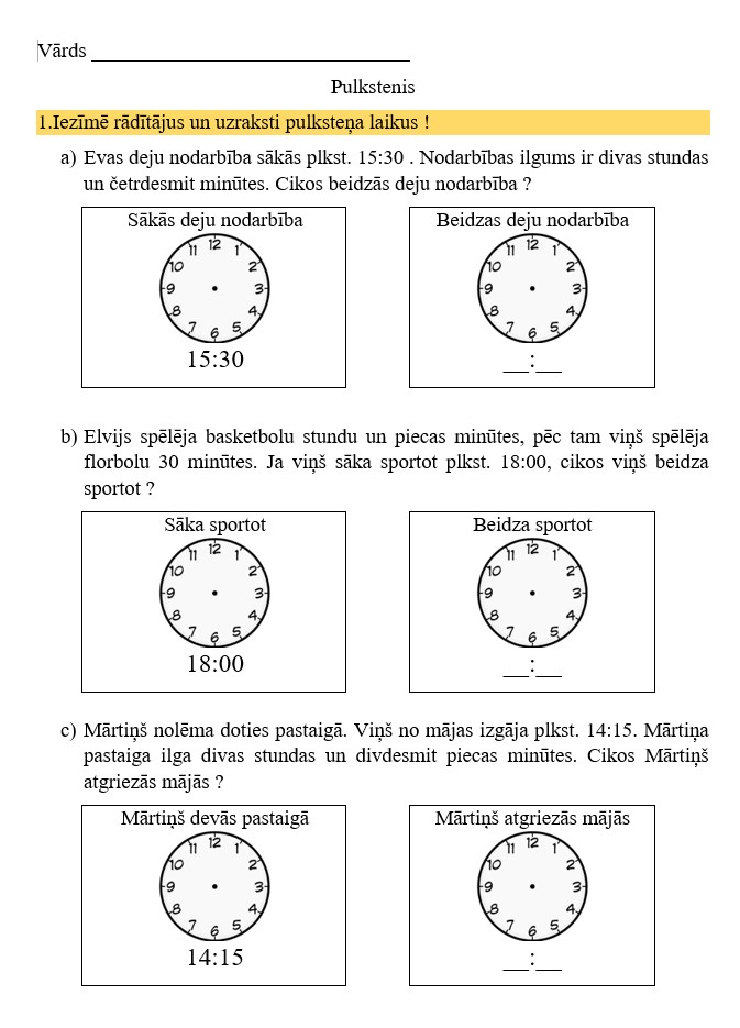 Pulkstenis. 2.,3.klase. - Mācību materiāli