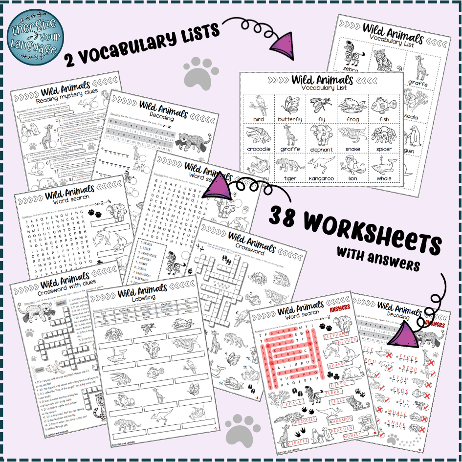 Wild Animals Vocabulary Worksheets with Answers - Mācību materiāli