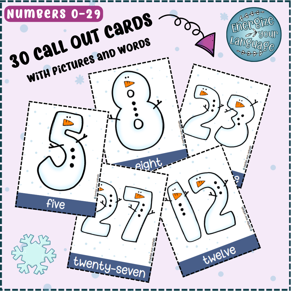 Winter Numbers 0-29 Vocabulary BINGO Game - Mācību materiāli