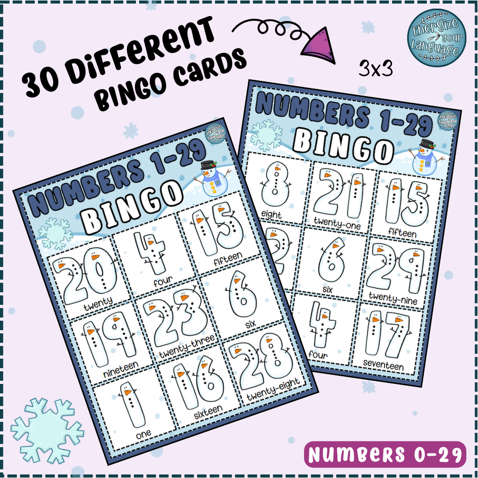 Winter Numbers 0-29 Vocabulary BINGO Game - Mācību materiāli