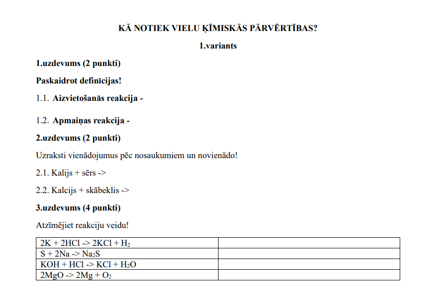 8.klase. Ķīmija. Kā notiek vielu ķīmiskās pārvērtības? - Mācību materiāli