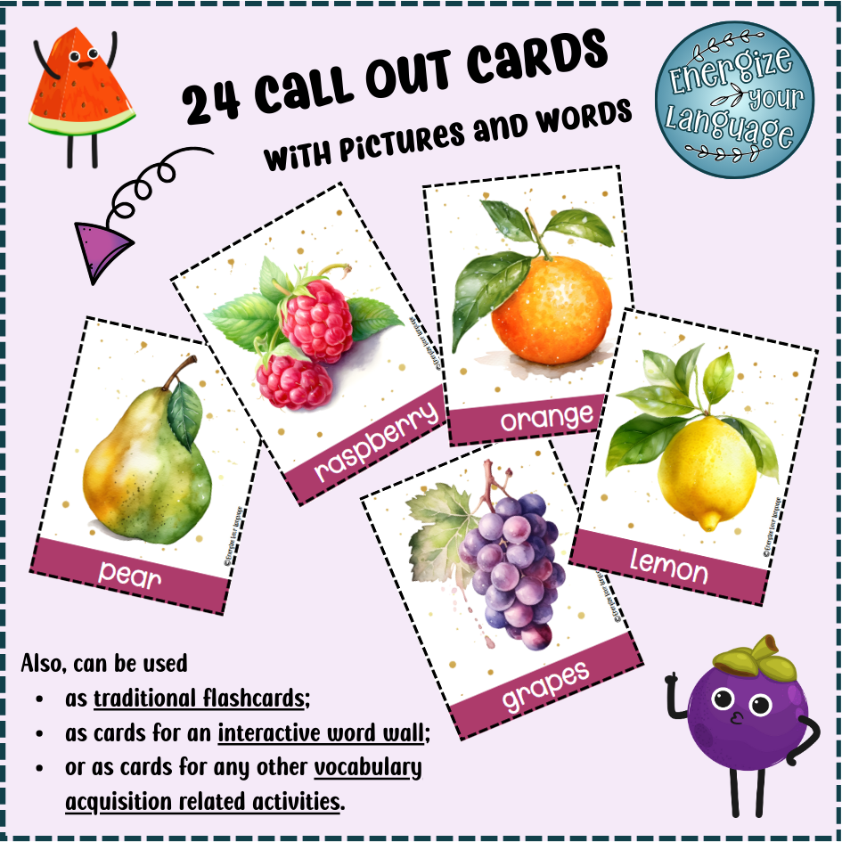 Fruit Berries Food Vocabulary BINGO Game - Mācību materiāli
