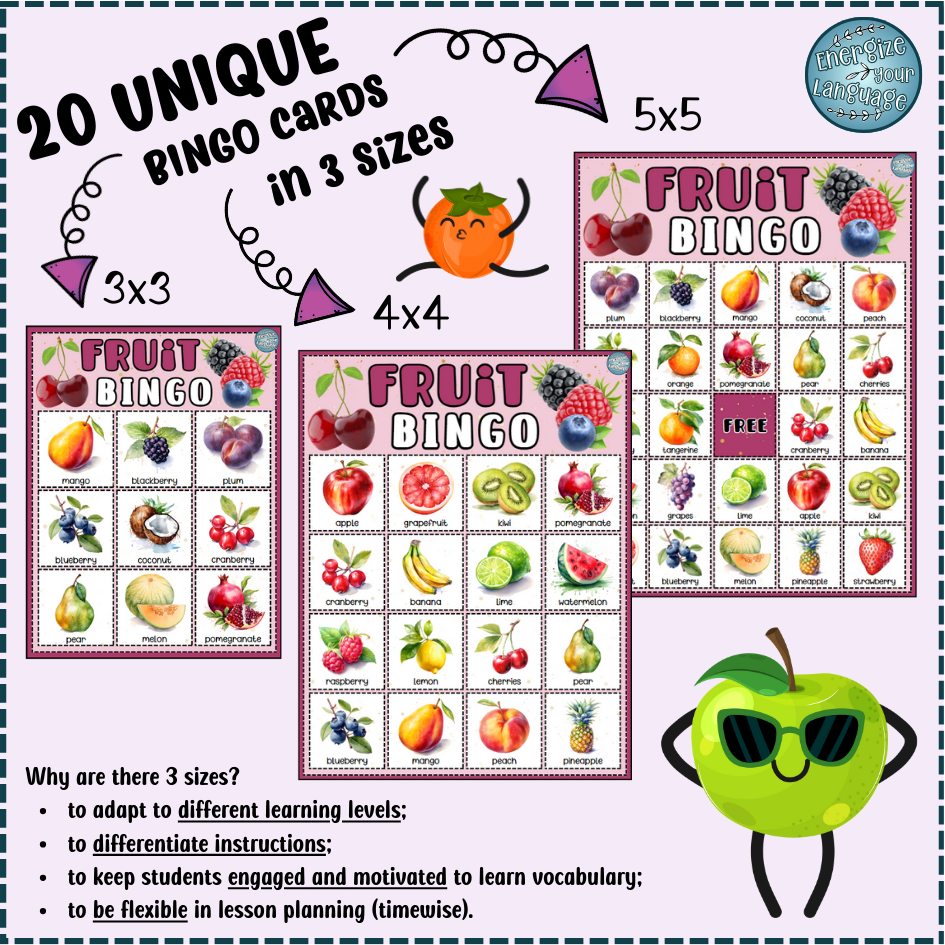 Fruit Berries Food Vocabulary BINGO Game - Mācību materiāli