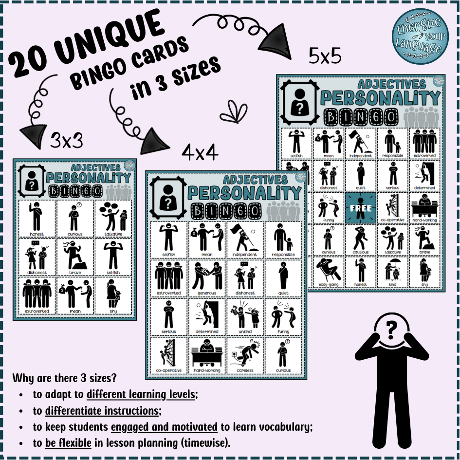 Personality Adjectives Vocabulary BINGO Game Activity - Mācību materiāli