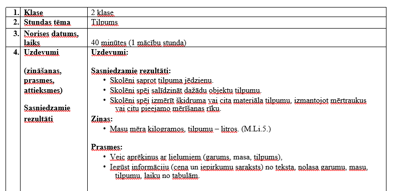 Mācību stundas plāns "Tilpums" - Mācību materiāli