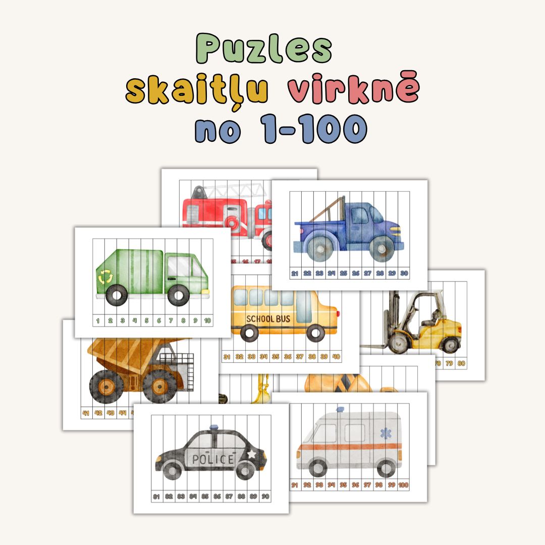 10 transportlīdzekļu puzles (skaitļu virknē 1-100) - Mācību materiāli
