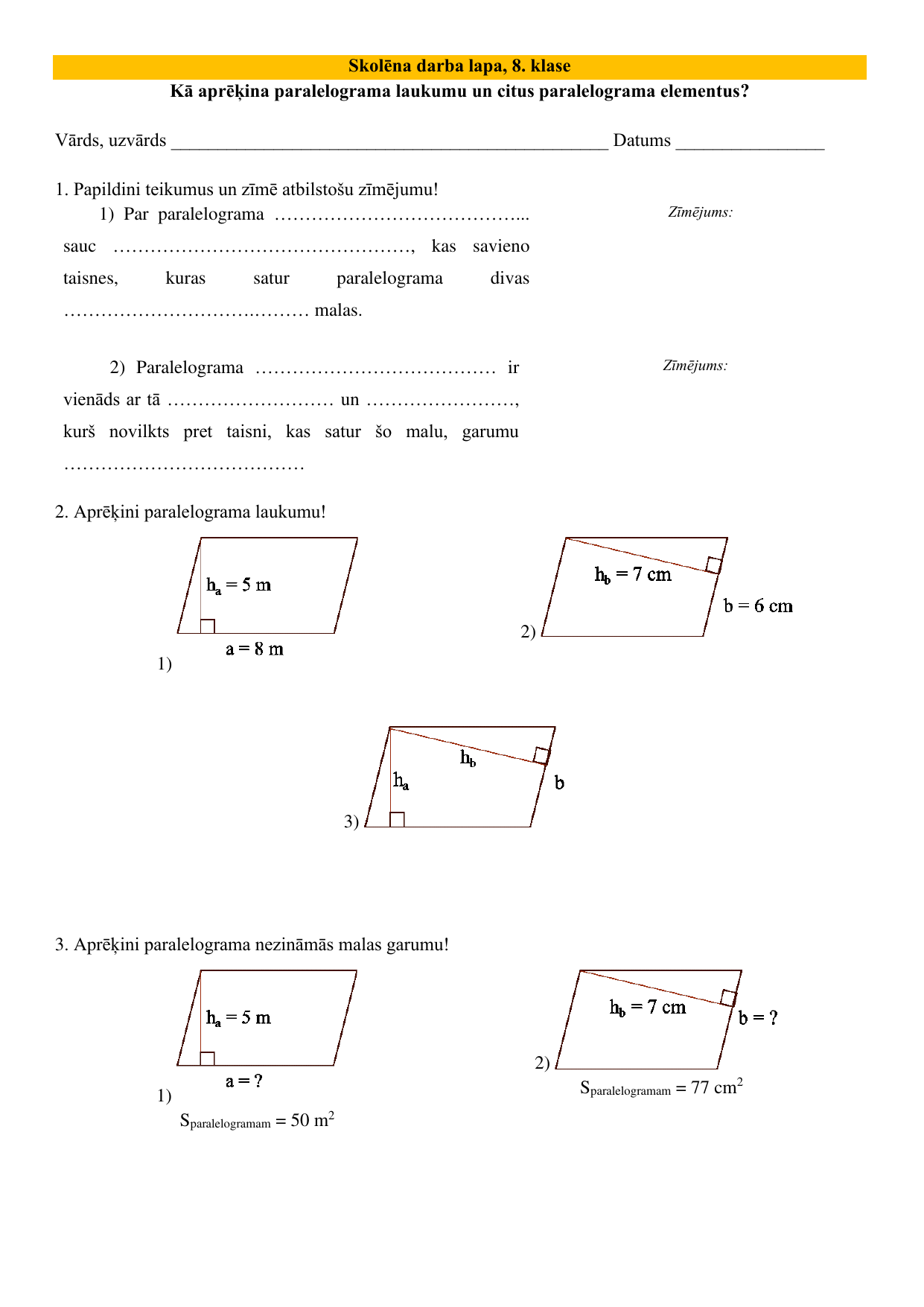 Paralelograma Laukums Teorija Matemtika 8 Klase Matematika 8 Klase 4
