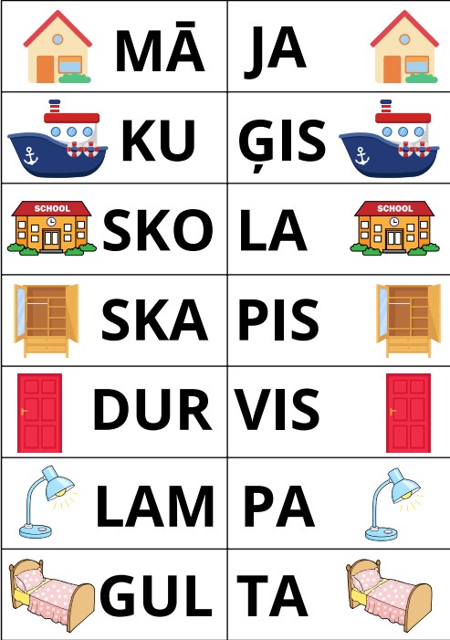 Vārdu veidošana- divzilbju vārdi 70 pāri kartīšu - Mācību materiāli