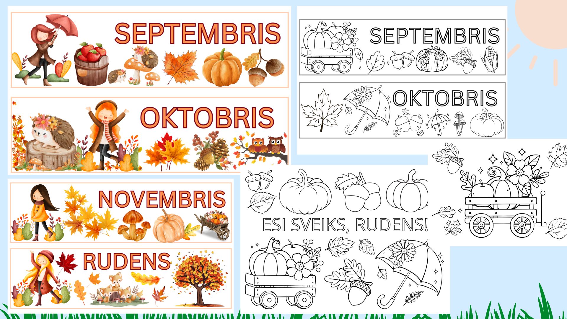 Rudens, mēnešu kartītes un krāsojamās lapas - Mācību materiāli