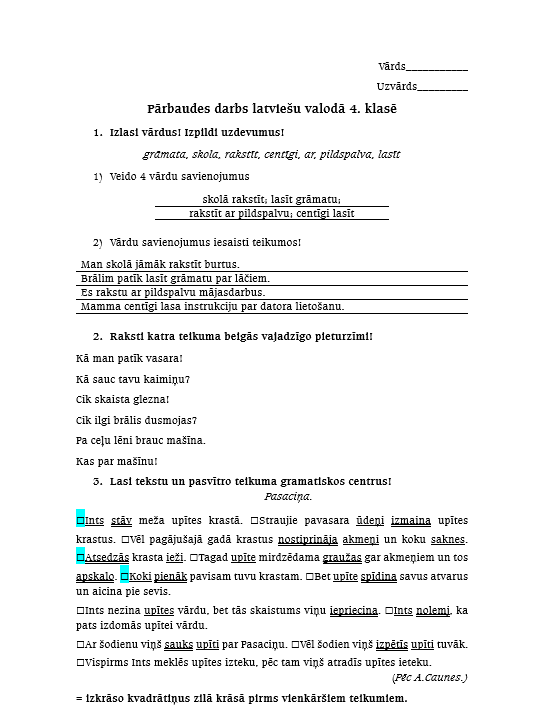 Pārbaudes darbs latviešu valodā 4. klasē - Mācību materiāli