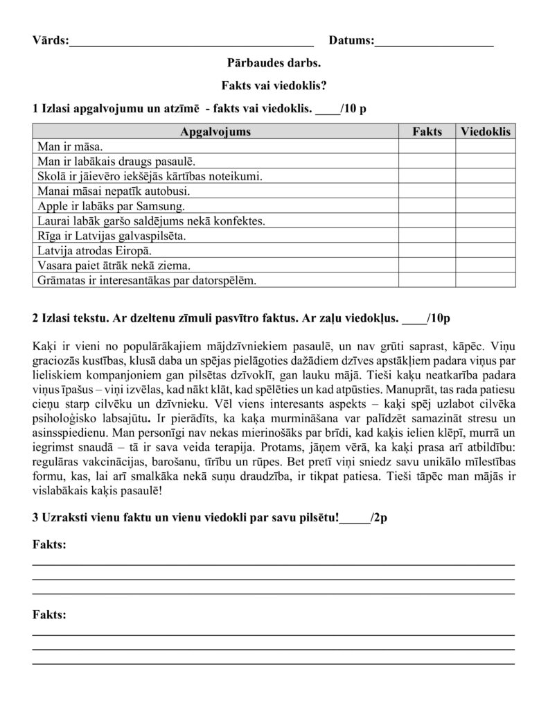 Pārbaudes darbs - Fakts vai viedoklis - Mācību materiāli