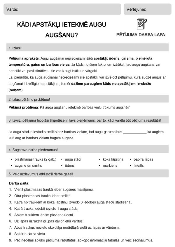 Kādi apstākļi ietekmē augu augšanu? (5. kl.) - Mācību materiāli