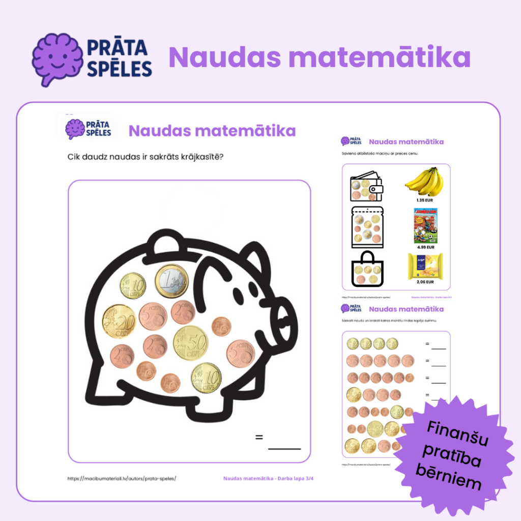 Naudas matemātika bērniem – eiro monētas - Mācību materiāli