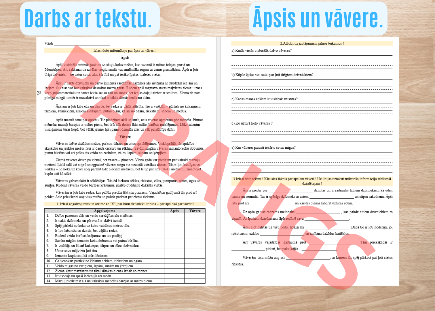 Lasītprasme. Darbs ar tekstu. Āpsis un vāvere. 2.-3.kl. - Mācību materiāli